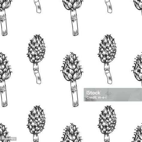 흰색 배경 그래픽 허브 장식 식물 유기농 식품 성분 일러스트레이션 디자인 건강 시장을위한 질감에 고립 된 원활한 패턴 아티 초크 손으로 그린 벡터 잉크 스케치 꽃 식물에