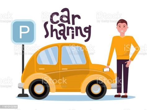 휴대 전화를 들고 매력적인 젊은 남자는 온라인 주차장에서 차를 임대 새로운 노란색 자동차가 주차 표지판에 서 있습니다 카셰어링 의 향 문자와 벡터 평면 만화 그림입니다