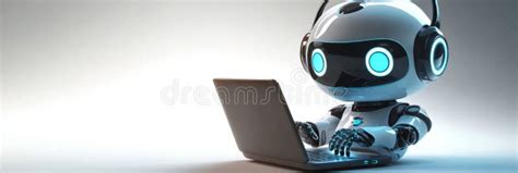 Cute Friendly Artificial Intelligence Robot Using Laptop Computer With Blue Neon Glow Light