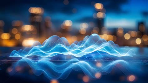 Abstract Blue Waves Against Bokeh Lights Background Perfect For Tech