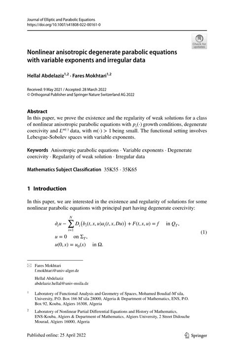 Pdf Nonlinear Anisotropic Degenerate Parabolic Equations With Variable Exponents And Irregular