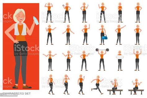 스포츠 여성 캐릭터 벡터 디자인세트 감정 달리기 서서 걷기와 함께 다양한 액션으로 프리젠 테이션 여자에 대한 스톡 벡터 아트 및