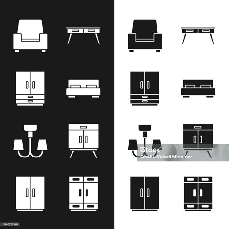 큰 침대 옷장 안락의자 사무실 책상 샹들리에 서랍장 아이콘을 놓으세요 벡터 0명에 대한 스톡 벡터 아트 및 기타 이미지 0명 가구 가정의 방 Istock