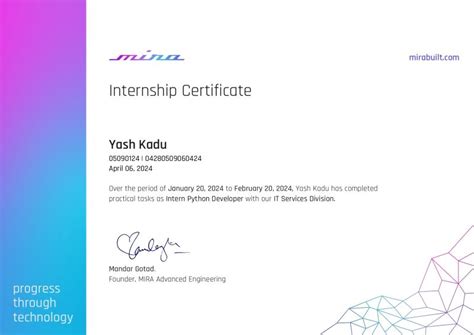 Yash Kadu On Linkedin I Successfully Completed An Internship In Python At Mira Advanced