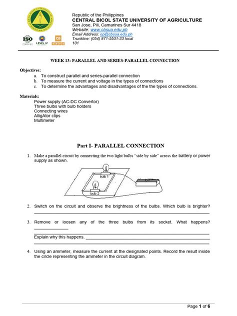 Week 13 Parallel Combined Connections Activity Sheet Pdf Series And Parallel Circuits Voltage