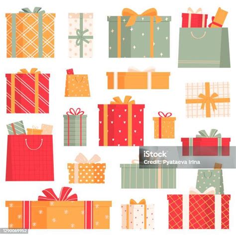 흰색 배경에 격리 된 선물 상자의 컬렉션 리본으로 묶인 아름다운 상자 만화 스타일의 벡터 일러스트레이션 기념일에 대한 스톡 벡터 아트 및 기타 이미지 Istock