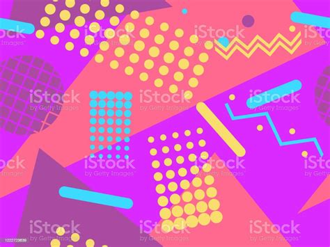 80 년대 스타일의 기하학적 모양과 원활한 패턴 팔십은 홍보 제품 포장지 및 인쇄를위한 다채로운 배경을 인쇄합니다 벡터 일러스트레이션 1970 1979 년에 대한 스톡 벡터