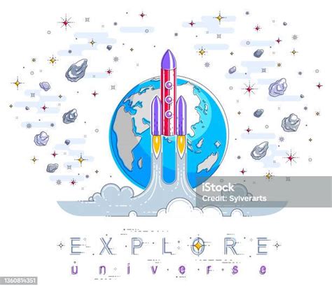 발견 하는 공간에 지구에서 로켓 시작 알려지지 않은 혜성 소행성 유성 별 및 다른 요소에 의해 둘러싸여 우주 우주 과학을 탐구 한다 얇은 선 3d 벡터 일러스트입니다