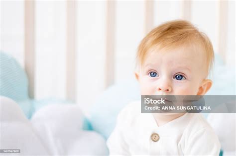 6개월 된 아기의 클로즈업 초상화 흰색 면 바디수트를 입은 밝은 침실의 유아용 침대에서 파란 눈을 가진 금발 소년 아동용품의 개념 6 11 개월에 대한 스톡 사진 및 기타