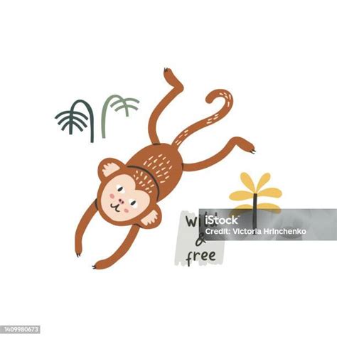 재미있는 야생과 무료 원숭이 점프 만화 손으로 그린 스타일의 벡터 캐릭터 카드 포스터 구성 디자인 흰색 배경에 고립 된 열대 식물이있는 어린이 그림 점프에 대한 스톡 벡터
