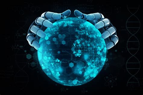 3d 렌더링 홀로그램 행성 지구 에 로봇 손 검은 배경 스톡 사진 로봇에 대한 스톡 사진 및 기타 이미지 로봇 지구본 인공지능 Istock