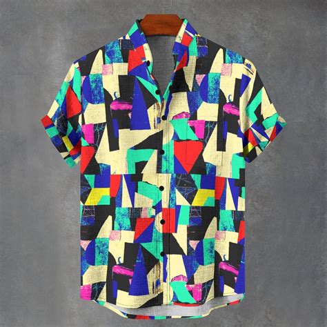 Geometric Collage Print Artistic Digital Button Down Shirt Abstract