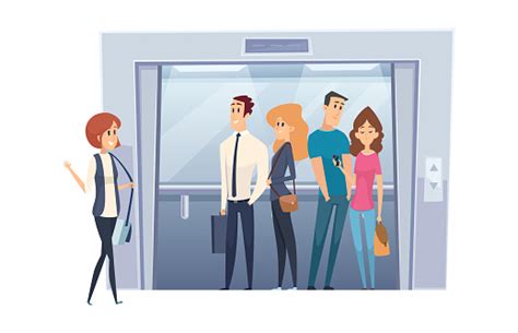 비즈니스 엘리베이터 비즈니스 센터에 서 있는 남성과 여성 캐릭터 벡터 만화 사람들 개성 개념에 대한 스톡 벡터 아트 및 기타