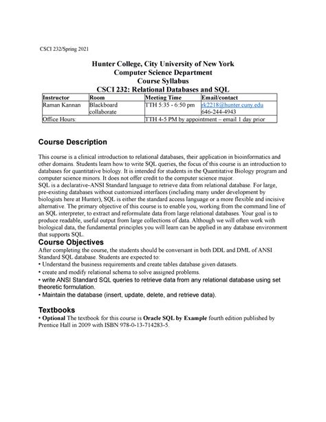 CSCI 232 Syllabus RK Syllabus CSCI 232 Spring 2021 Hunter College