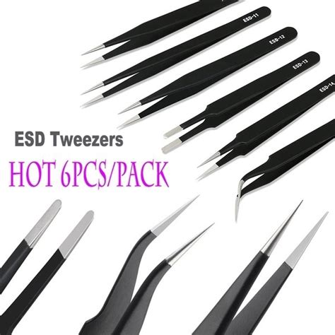 6 Pieces Precision Tweezers Set Anti Static Esd Stainless Steel
