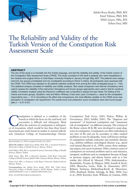 Pdf The Reliability And Validity Of The Turkish Version Of The Constipation Risk Assessment Scale