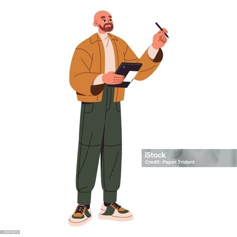 성인 대머리 남자가 서서 태블릿을 손에 들고 있습니다 턱수염을 기른 직원이 전자 펜을 사용하여 디지털 기기로 메모를 합니다 현대적인 가제트를 사용하는 세련된 비즈니스 직원