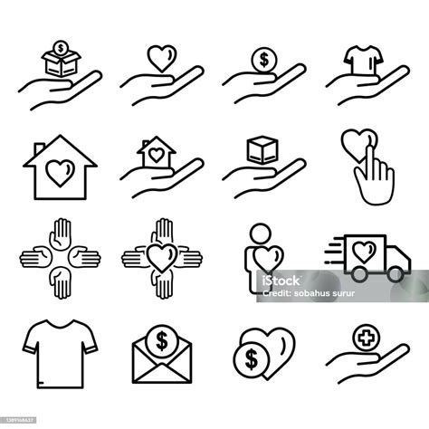자선 라인 아이콘 세트입니다 자선 상징 기부 인류 편집 가능한 스트로크 디자인 템플릿 벡터 용서에 대한 스톡 벡터 아트 및 기타 이미지 Istock