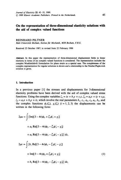 Pdf On The Representation Of Three Dimensional Elasticity Solutions With The Aid Of Complex