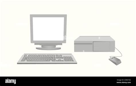 Personal Computer Retro Gray Old Gadget Classic Monitor With An Outdated Mouse And System Stock