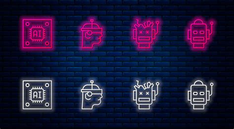 set line smart glasses broken robot processor with microcircuits cpu and robot glowing neon icon