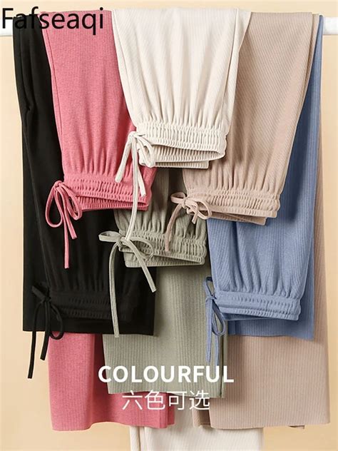 기본 여름 넓은 다리 바지 여성 Elesitc 허리 긴 얼음 실크 바지 캐주얼 느슨한 레이스 업 부드러운 여성 바지 스트레이트 바지 Aliexpress