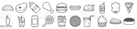 이 벡터 이미지는 다양한 패스트 푸드 항목을 나타내는 선형 아이콘의 모음입니다 0명에 대한 스톡 벡터 아트 및 기타 이미지