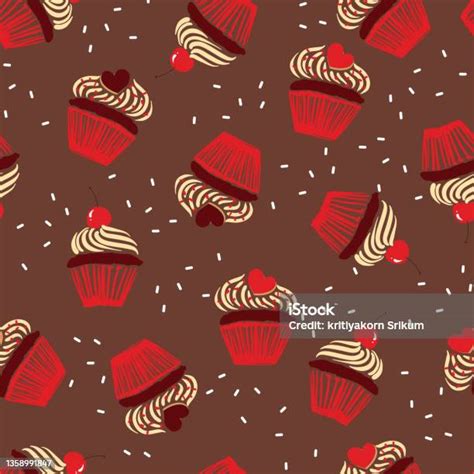 손으로 그린 컵 케이크 발렌타인 데이의 분위기와 체리 패션 직물 직물 벽지 커버 웹 포장 및 모든 인쇄를위한 베이커리 디자인 귀여운에 대한 스톡 벡터 아트 및 기타 이미지