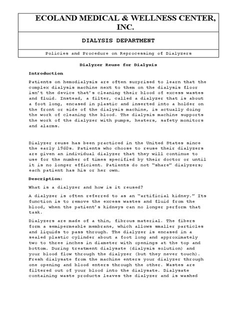 Breprocessing Of Dialyzer Pdf Hemodialysis Dialysis