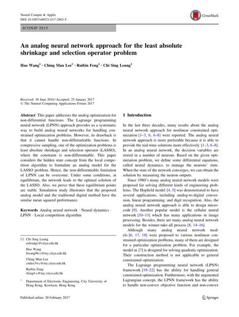 Pdf An Analog Neural Network Approach For The Least Absolute