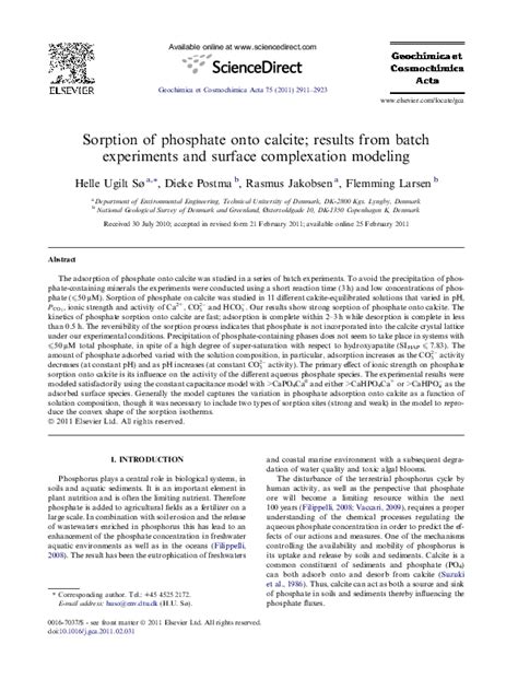 Pdf Sorption Of Phosphate Onto Calcite Results From Batch