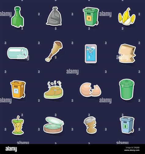 Garbage Items Icons Set Stikers Collection Vector With Shadow On Purple