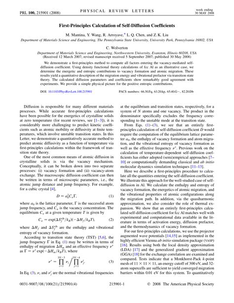 Pdf First Principles Calculation Of Self Diffusion Coefficients