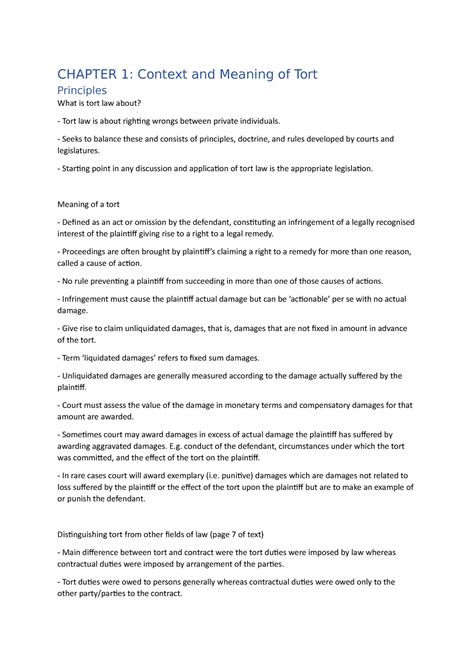 Textbook Notes CHAPTER Context And Meaning Of Tort Principles What Is Tort Law About Tort