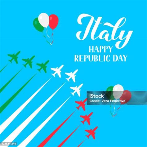이탈리아 공화국의 날 6 월 2 일 하늘에서 비행기와 비행 쇼와 손 편지에 타이포그래피 포스터 배너 전단지 스티커 티셔츠 인사말 카드 엽서용 벡터 템플릿을 쉽게 편집 할 수