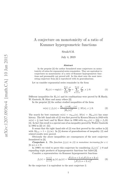 Pdf A Conjecture On Monotonicity Of A Ratio Of Kummer Hypergeometric Functions