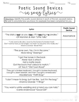 Poetic Sound Devices In Pop Songs Differentiated Printable Worksheets
