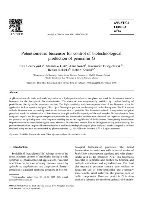 Pdf Potentiometric Biosensor For Control Of Biotechnological Production Of Penicillin G