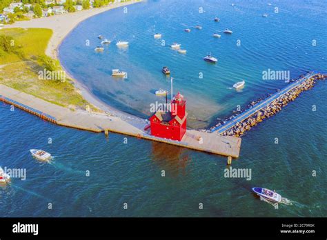 Aerial View Of The Holland Harbor Lighthouse Big Red Lighthouse At
