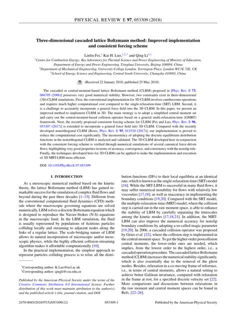 Pdf Three Dimensional Cascaded Lattice Boltzmann Method Improved Implementation And
