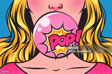 Woman Blowing Bubble With A Pink Bubble Gum And Pop Speech Bubble Pop