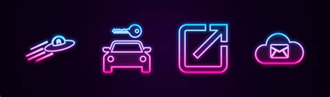 세트 라인 Ufo 비행 우주선과 외계인 렌터카 새로운 창 및 클라우드 메일 서버를 엽니 다 빛나는 네온 아이콘 벡터 아이콘에 대한 스톡 벡터 아트 및 기타 이미지 Istock