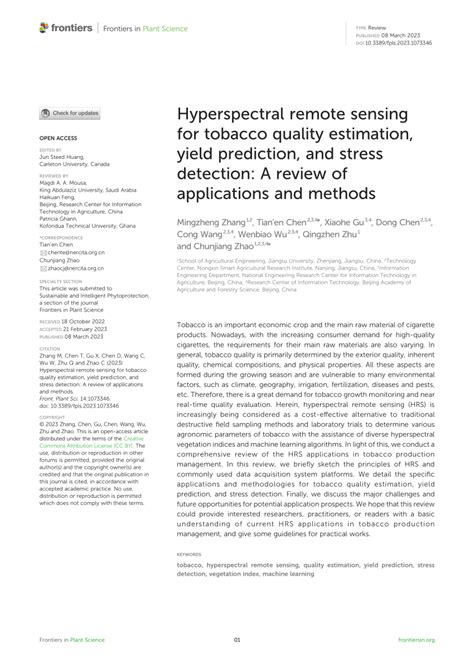 Pdf Hyperspectral Remote Sensing For Tobacco Quality Estimation