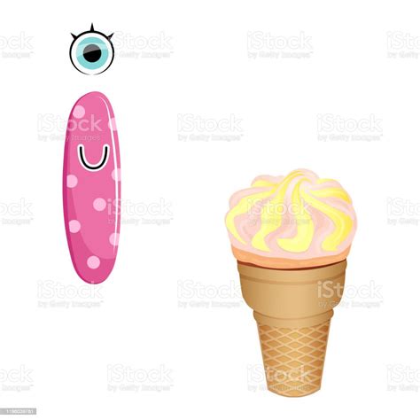 벡터 귀여운 아이 만화 알파벳입니다 편지 I와 함께 흰색 배경에 고립 된 아이스크림 플랫 스타일 벡터 일러스트레이션 가공의 인물에 대한 스톡 벡터 아트 및 기타 이미지