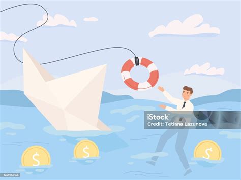 파산 사업 금융 구조 위기 및 경제 위험에 사업을 침몰 경제 침체 또는 부채 대출 상환 문제 벡터 일러스트 Sos에 대한 스톡 벡터 아트 및 기타 이미지 Istock