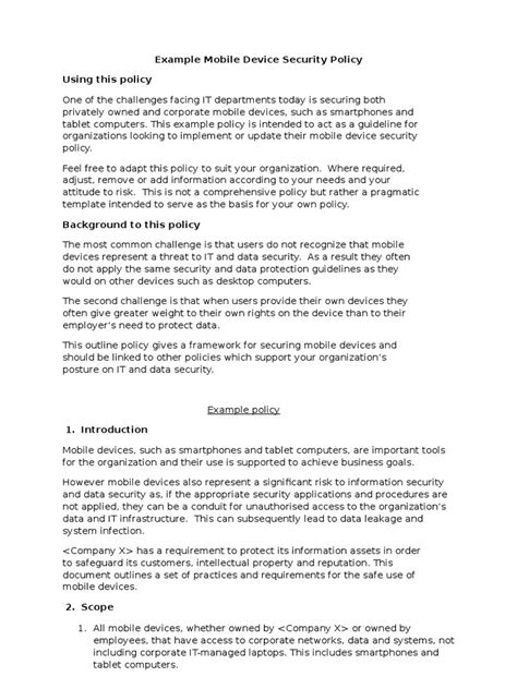 Example Mobile Device Security Policy Mobile Device Online Safety