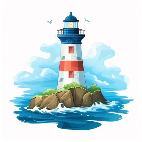 Premium Photo Illustration Of A Lighthouse On A Small Island With A Seagull Flying Over It