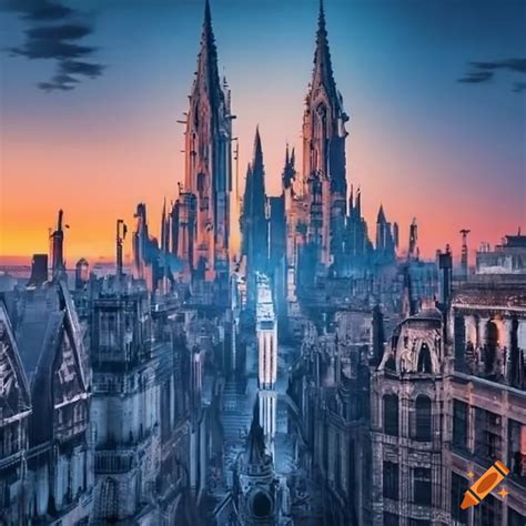 Futuristic Gothic City With Impressive Structures At Sunset On Craiyon