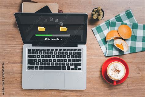 Transfer Files Data System Relocation Concept Top View Laptop Computer Waiting For Transfer