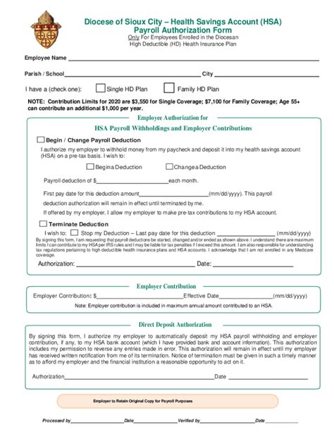 Fillable Online Health Savings Account Hsa Payroll Authorization Form